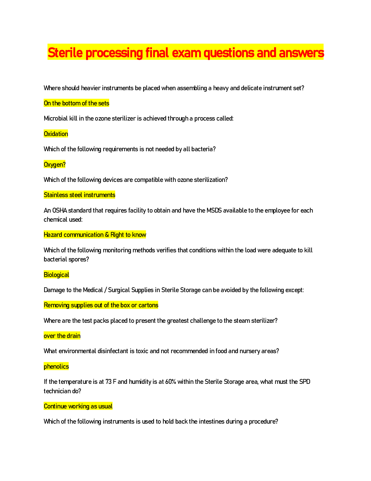 Sterile processing final exam questions and answers – Scholarfriends - Scholarfriends